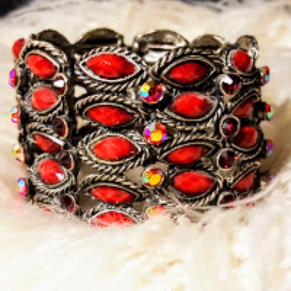 Jewelry | Red Cuff Metal Cuff Rhinestone Bracelet | Poshmark